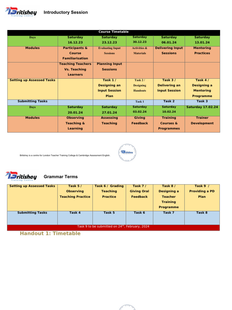 Introductory Session: Course Timetable | PDF | Teacher Education ...