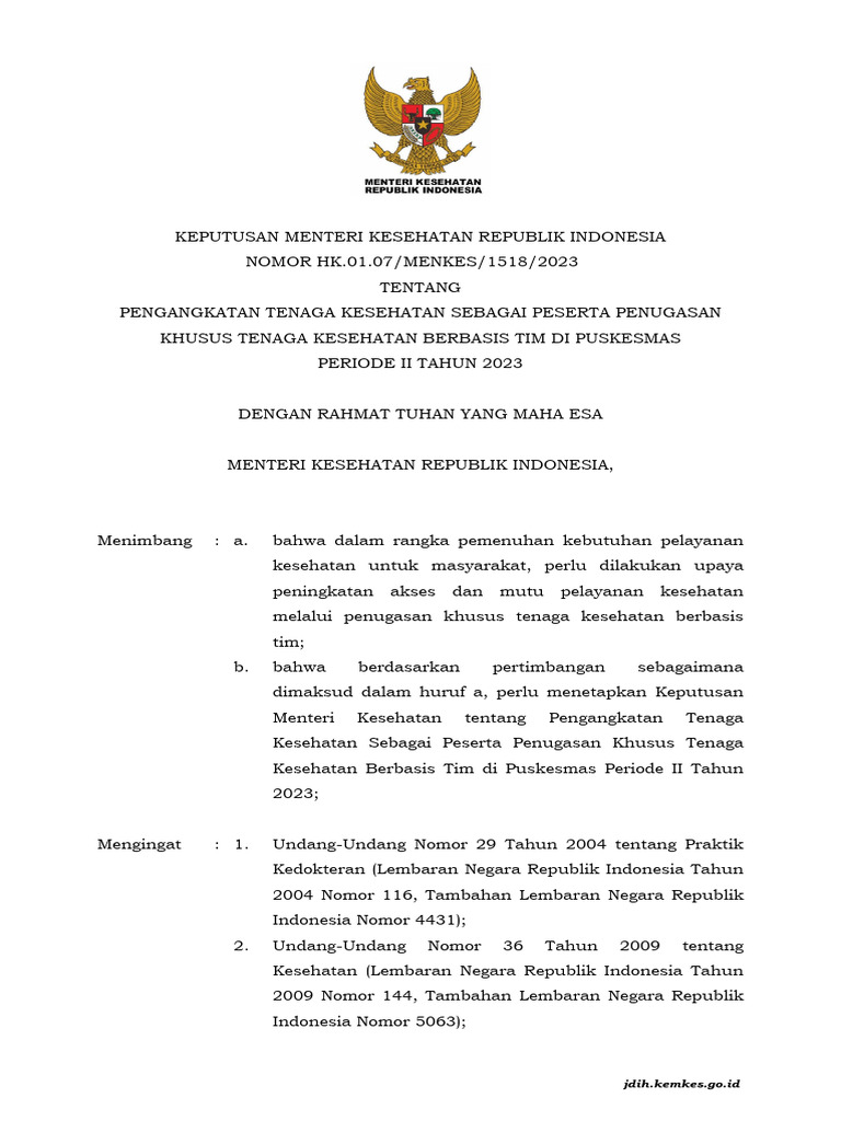 KMK No. HK.01.07-MENKES-1518-2023 TTG Pengangkatan Tenaga Kesehatan Peserta Penugasan Khusus ...