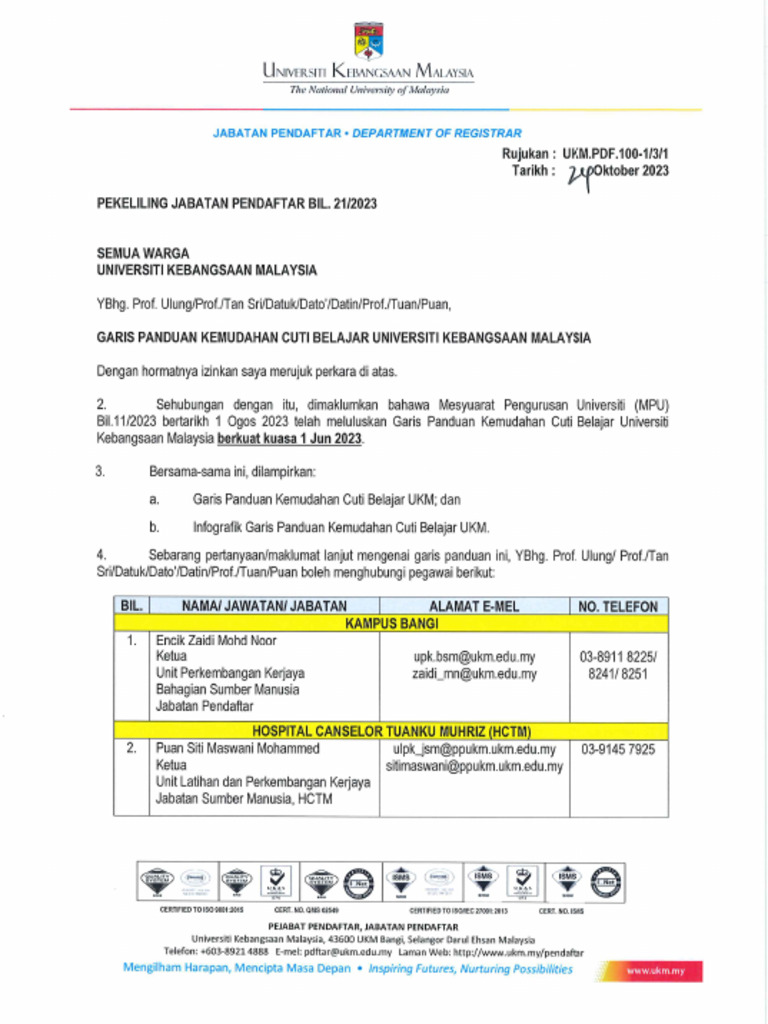 Pekeliling Jabatan Pendaftar Bil. 21 2023 Garis Panduan Kemudahan Cuti ...