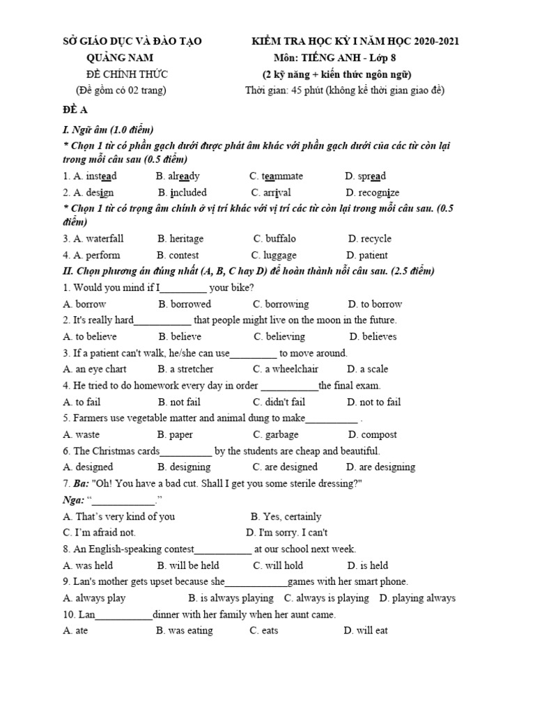ĐỀ HK1 2020-2021 | PDF