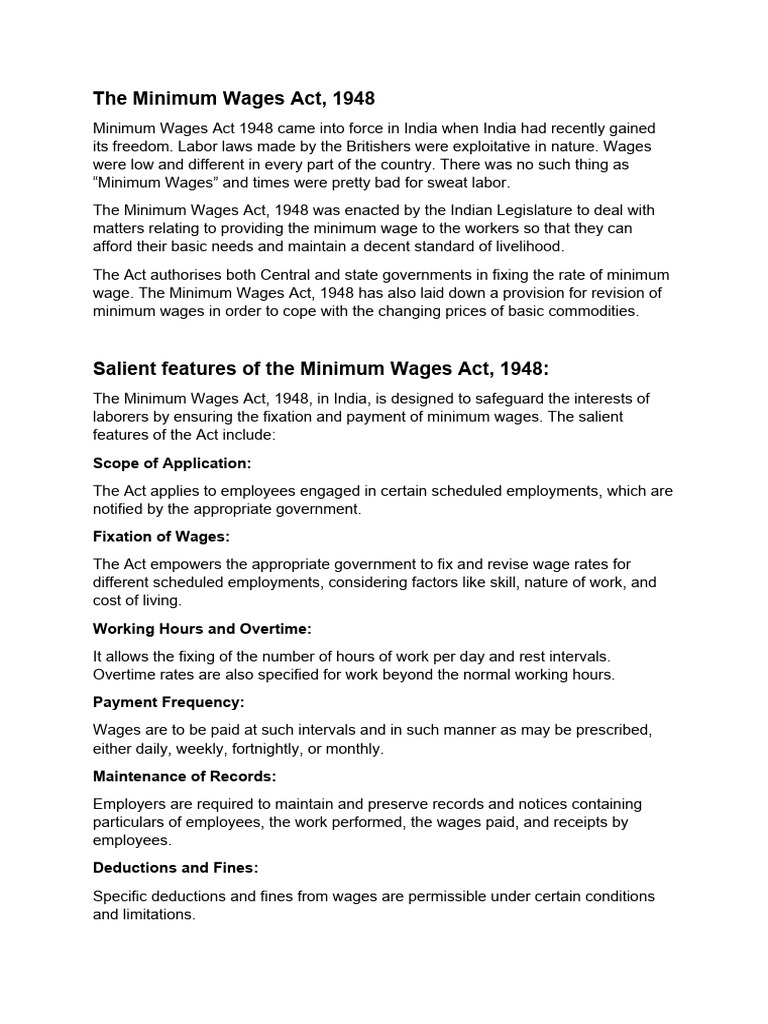 The Minimum Wages Act Pdf Cost Of Living Employment