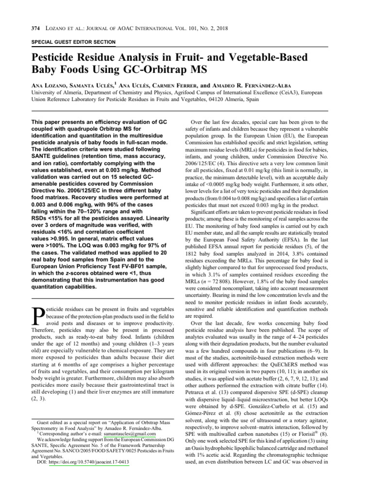 Pesticide Residue Analysis In Fruit And Vegetable Baby Food AOAC PAPER