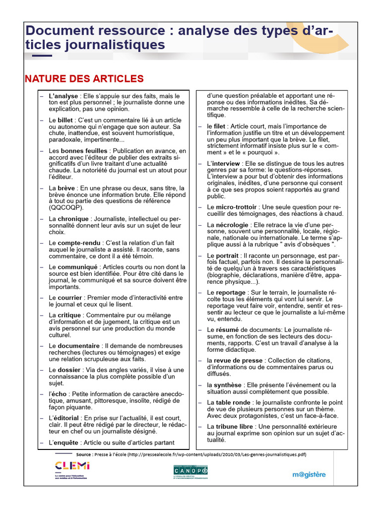 Analyse des types d'articles journalistiques | PDF | Journalisme ...