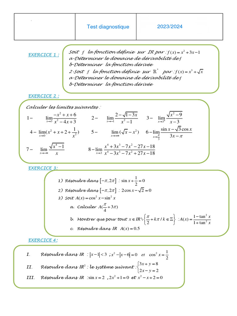 Evaluation Diagnostique Maths Deuxieme Bac Sciences PDF 4 | PDF