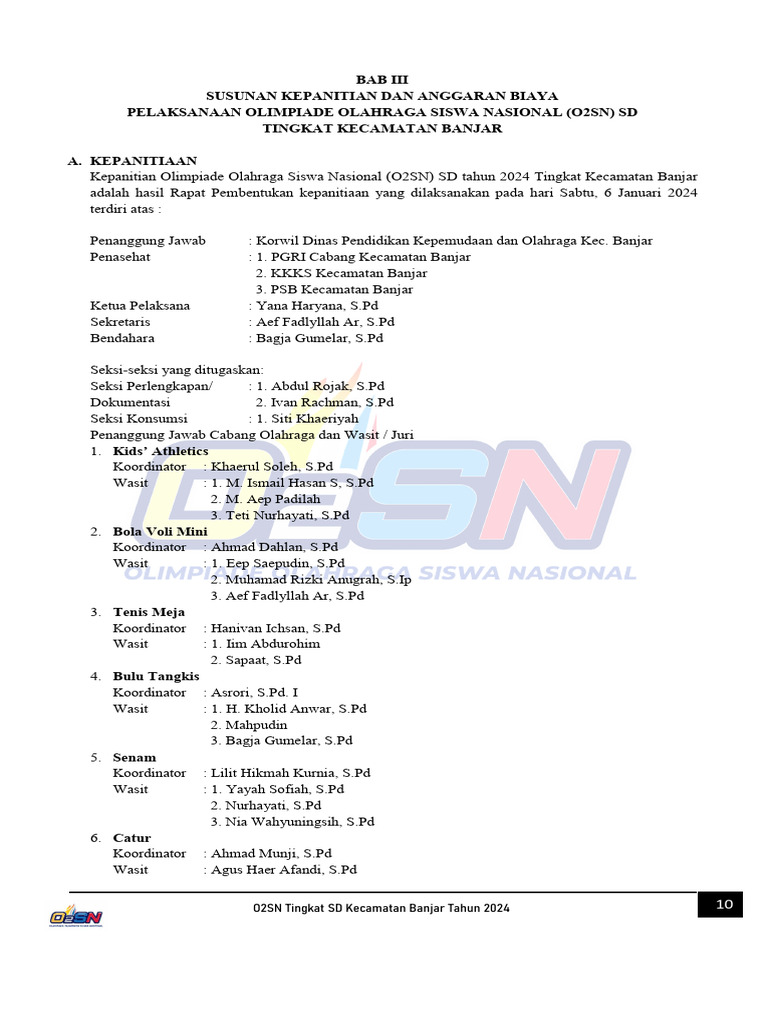 Susunan Panitia O2SN 2024 | PDF