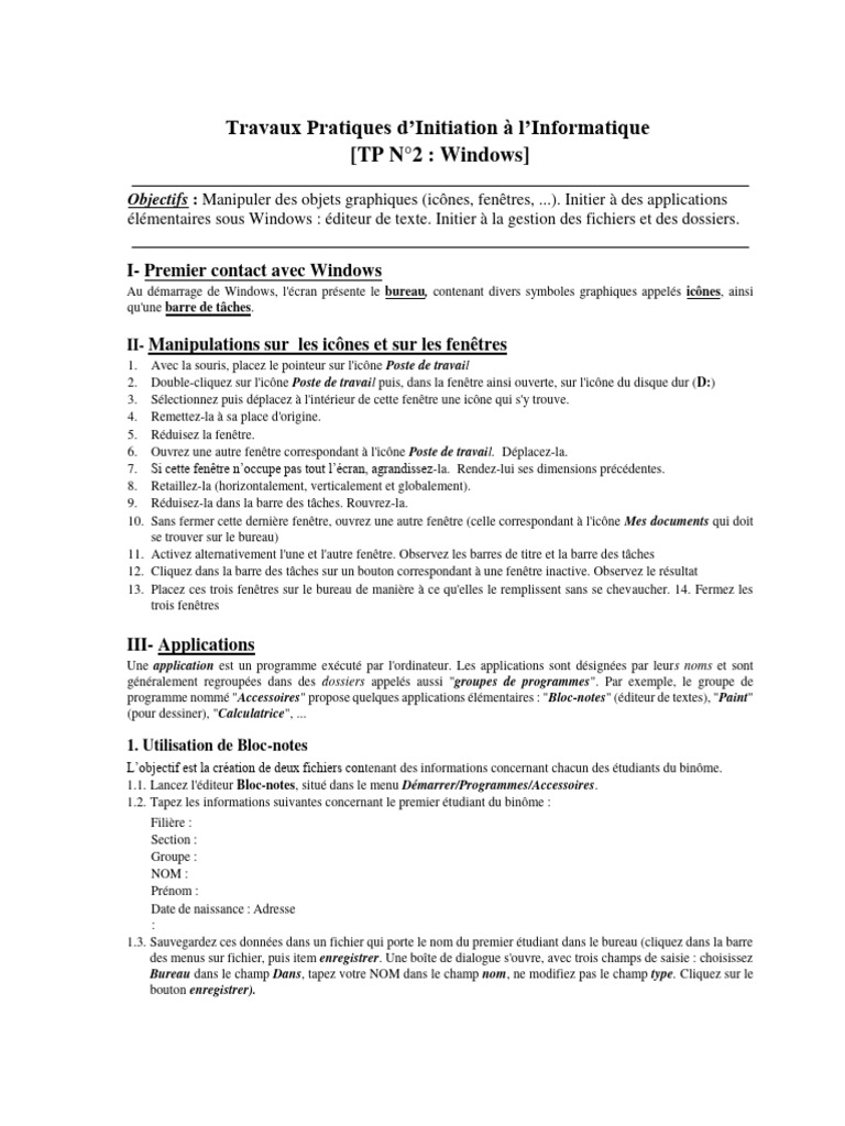 Travaux Pratiques D'initiation À L'informatique (TP N°2: Windows) | PDF