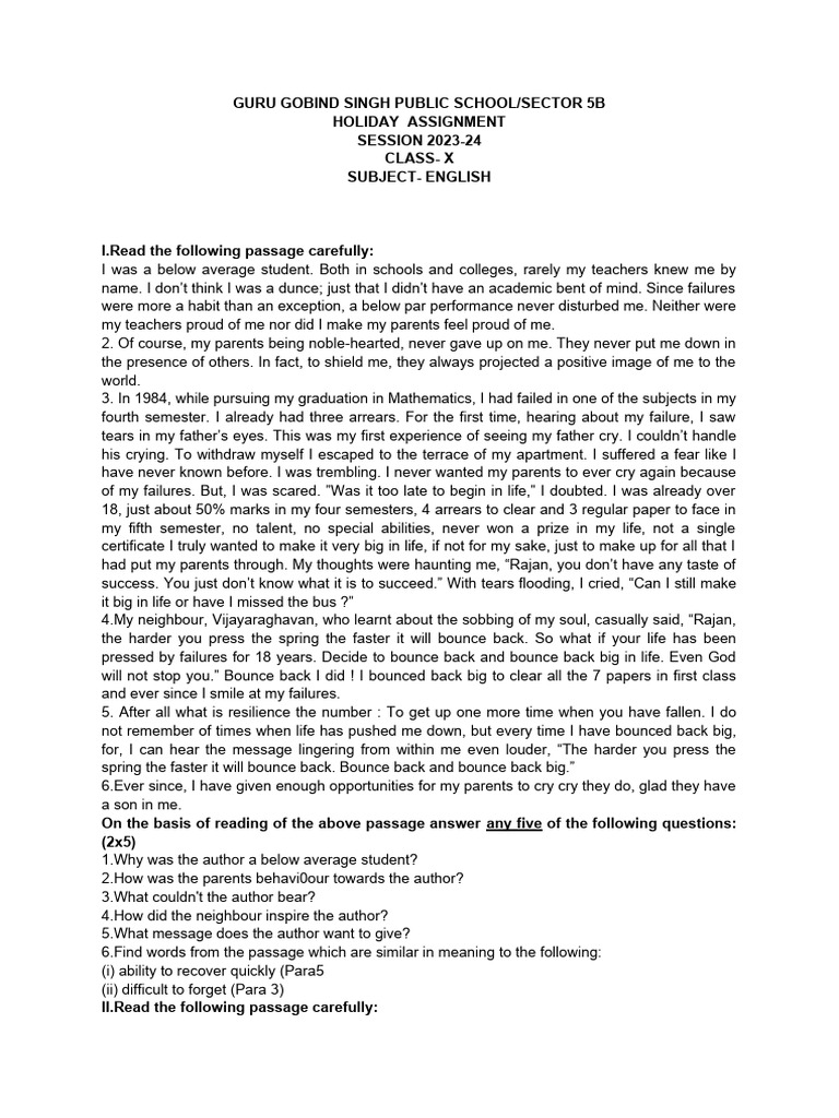 Class 10 Holiday Assignment 23-24 | PDF