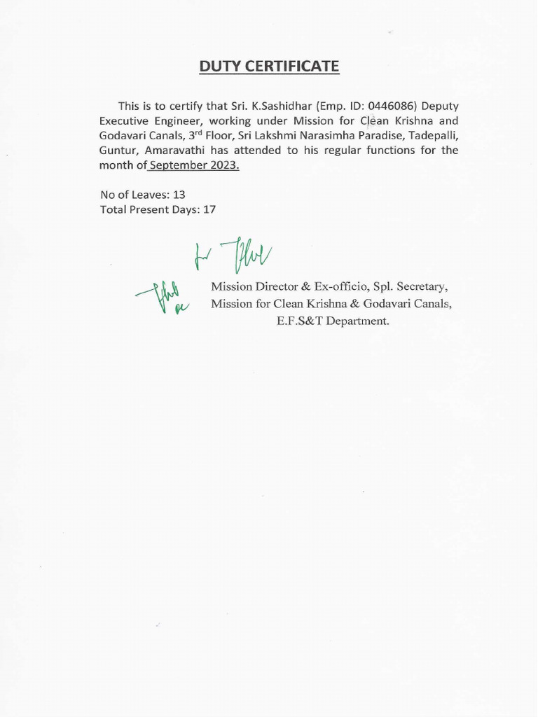 September 2023 Duty Certificate | PDF
