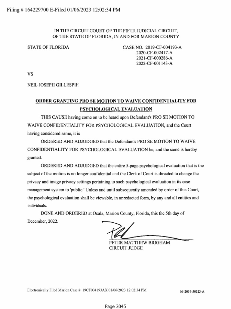 Order Granting Motion To Waive Confidentiality For Psychological ...