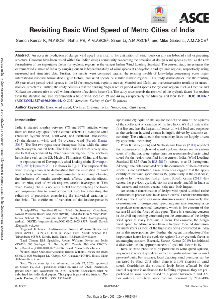 Revisiting Basic Wind Speeds of Metro Cities of India - ASCE 2021 | PDF ...