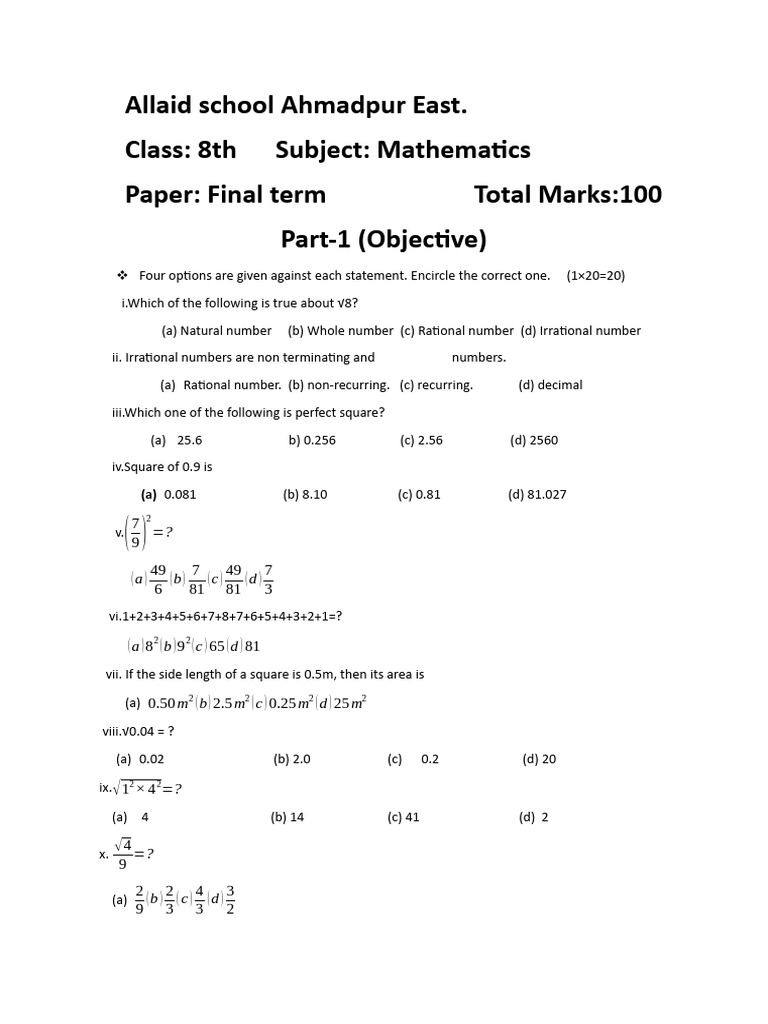 8th Grade Math Final Exam Paper | PDF | Teaching Methods & Materials