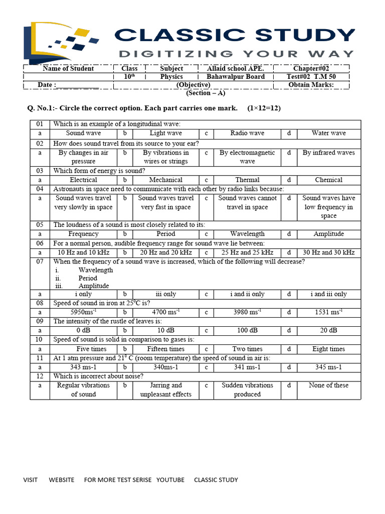 Physic 10th Chapter 2 Test 02 | PDF | Sound | Waves