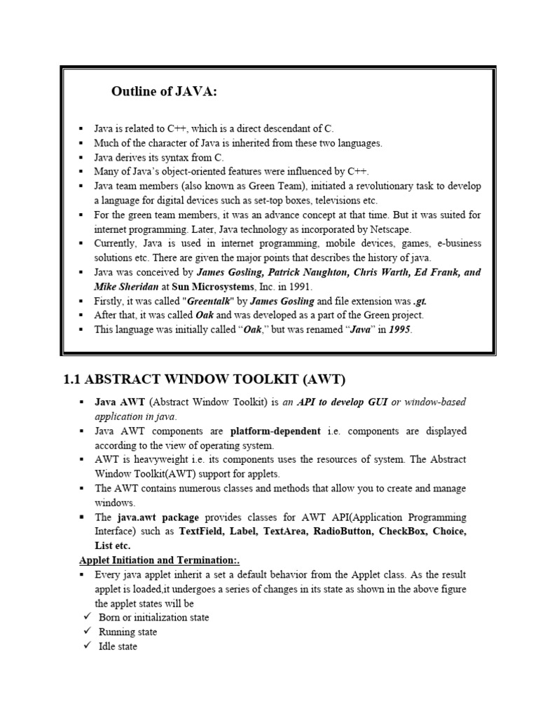 Outline of JAVA | PDF | Java (Programming Language) | Software