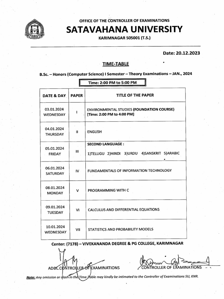 B.SC - HonorsComputer Science I Semester Time Table - JAN - 2024 | PDF