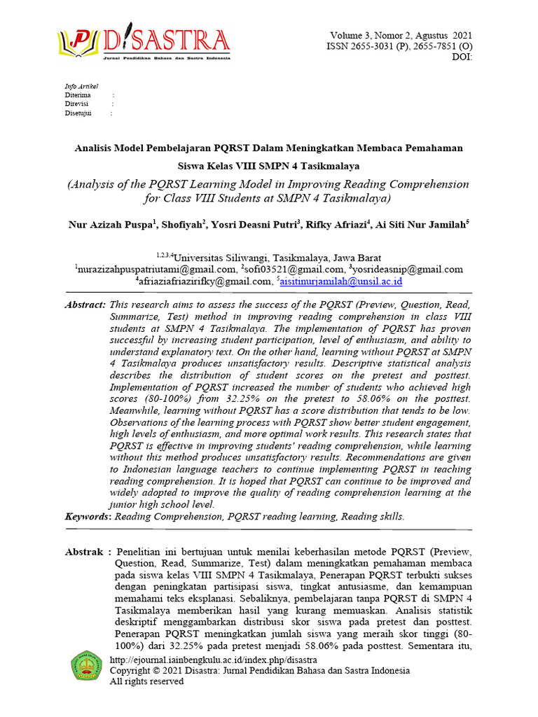 Analisis Model Pembelajaran PQRST Dalam Meningkatkan Membaca Pemahaman Siswa Kelas VIII SMPN 4 ...
