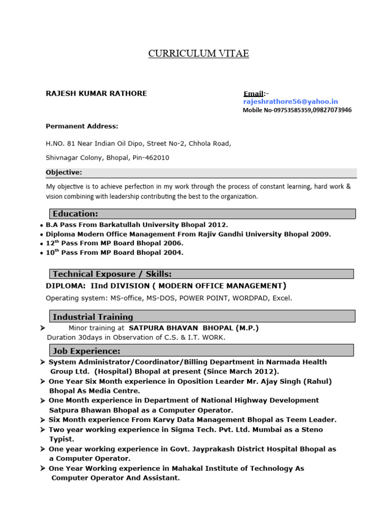Rajesh Rathore Resume Pdf