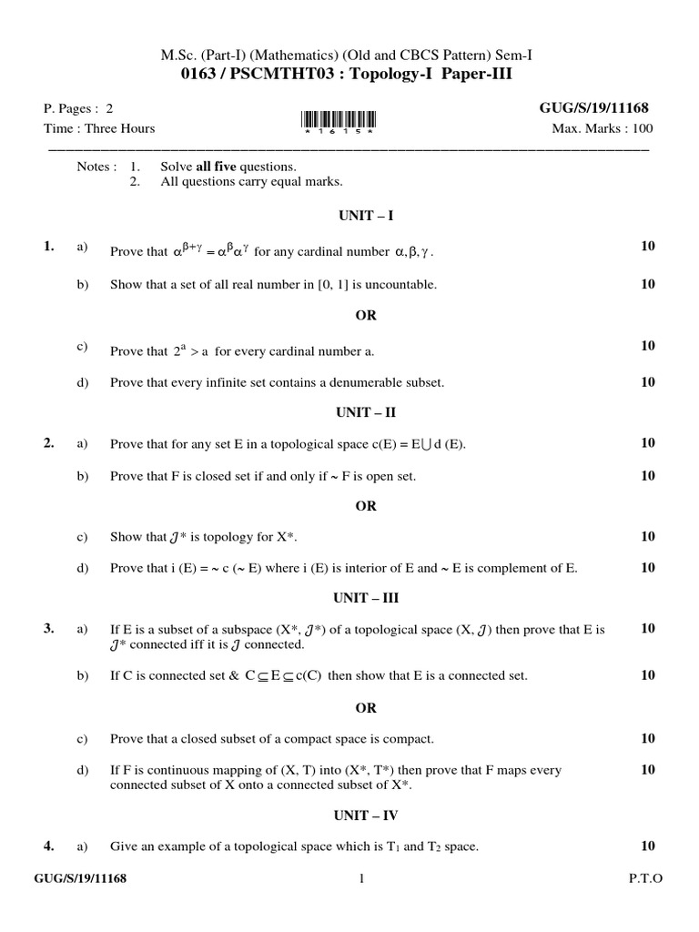 M.Sc. Topology I Exam Paper | PDF | Set (Mathematics) | Compact Space