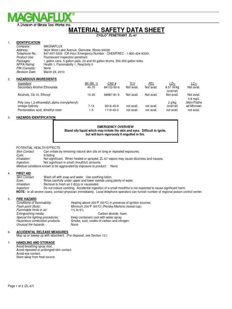Zyglo MSDS ZL 67 | PDF | Fires | Combustion
