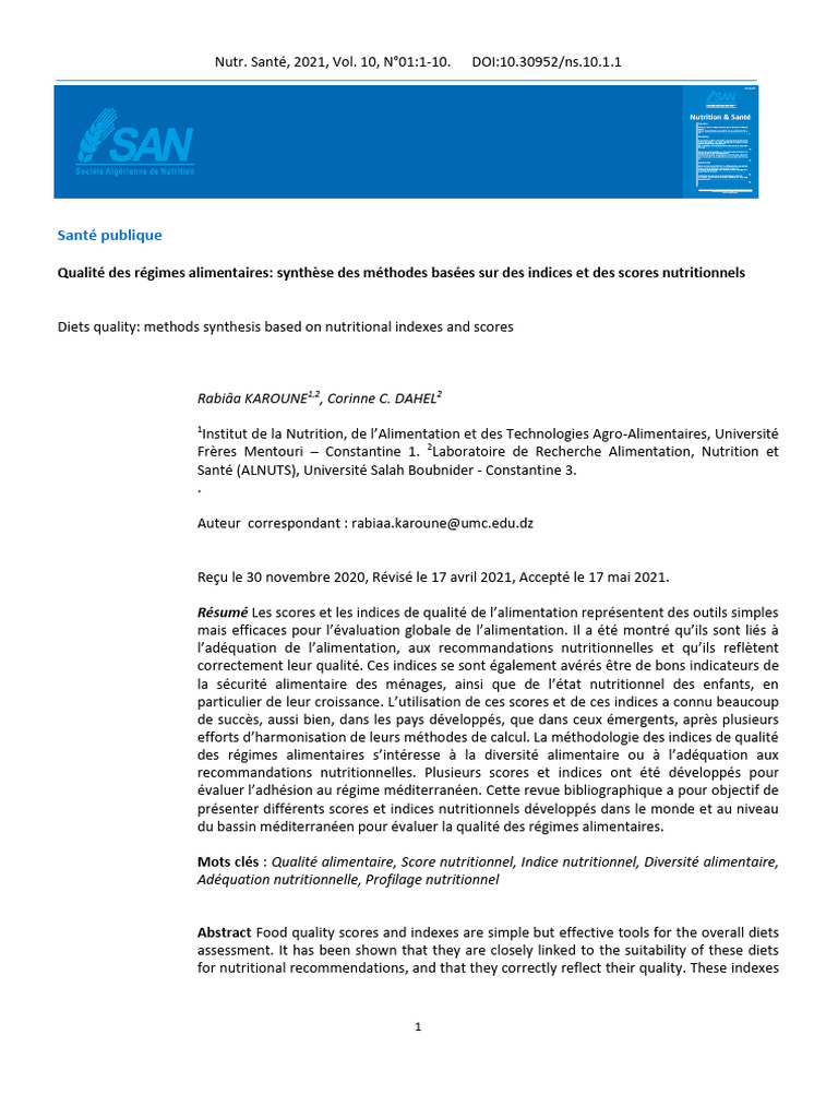 Qualite Des Regimes Alimentaires - Synthese Des Methodes Basees Sur Des ...