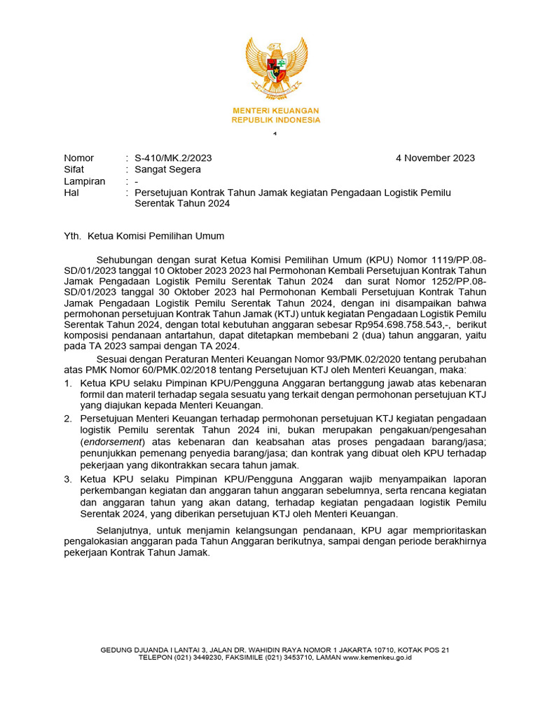 MK - Persetujuan Kontrak Tahun Jamak Kegiatan Pengadaan Logistik Pemilu Serentak Tahun 2024 | PDF