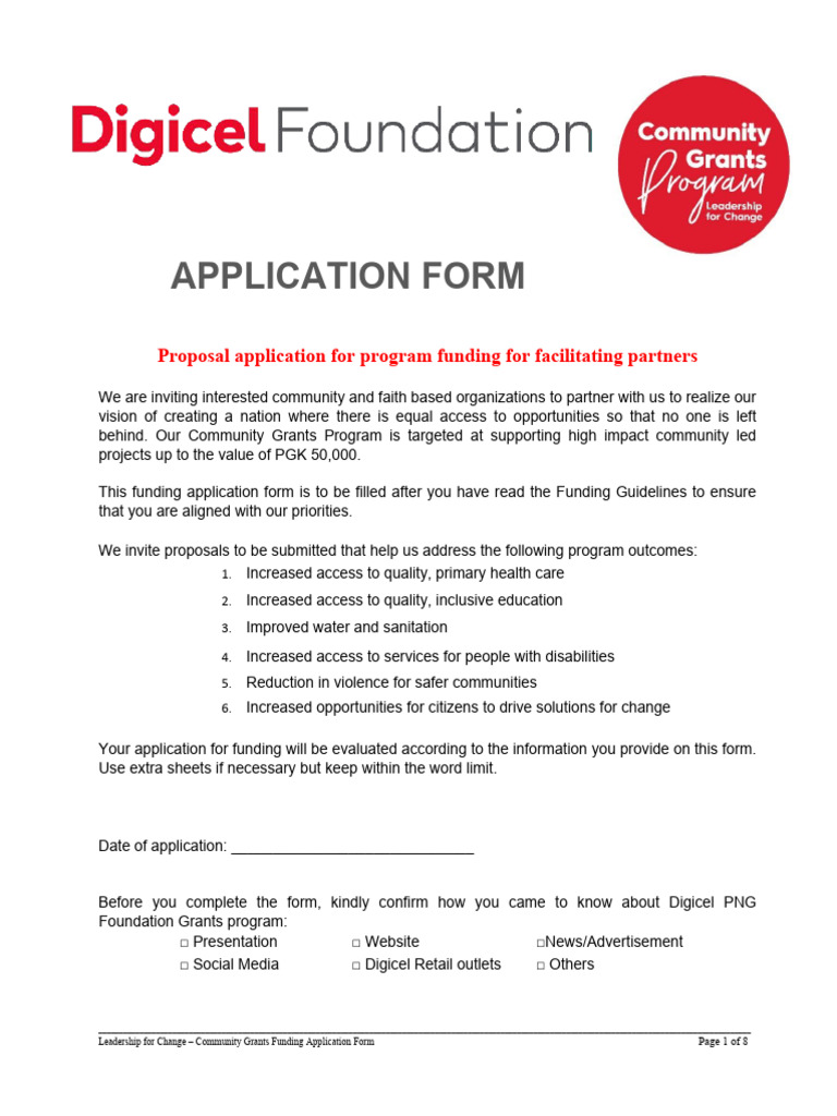 Digicel Foundation Community Grants Application Form 2023 | PDF