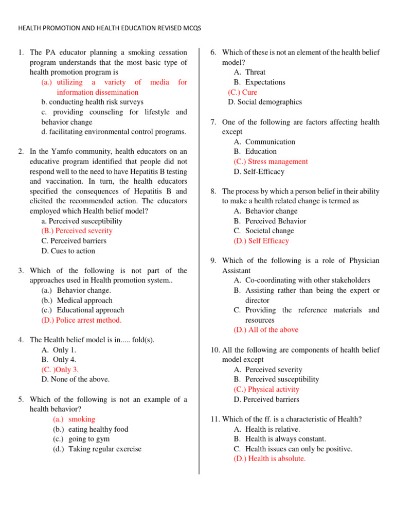 Health Promotion MCQs Overview | PDF