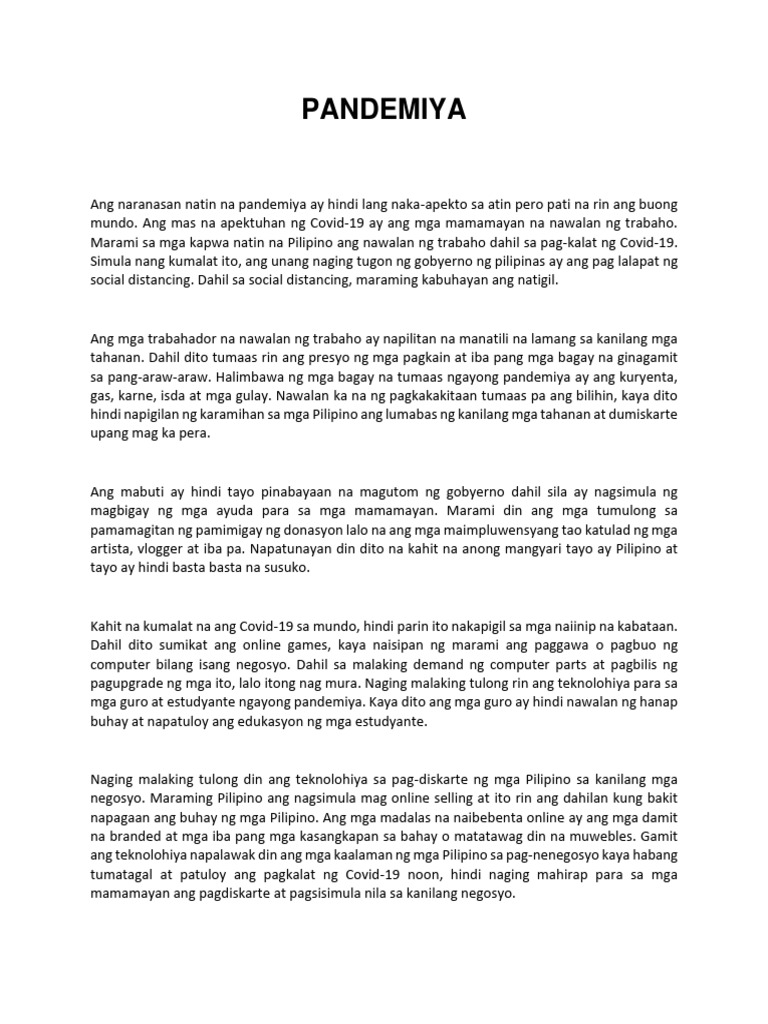 Written Essay Of The Pandemic Filipino Pdf