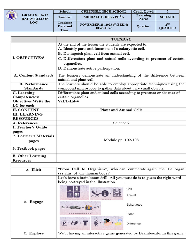 GRADES 1 To 12 Daily Lesson LOG School: Grade Level: Teacher: Learning ...