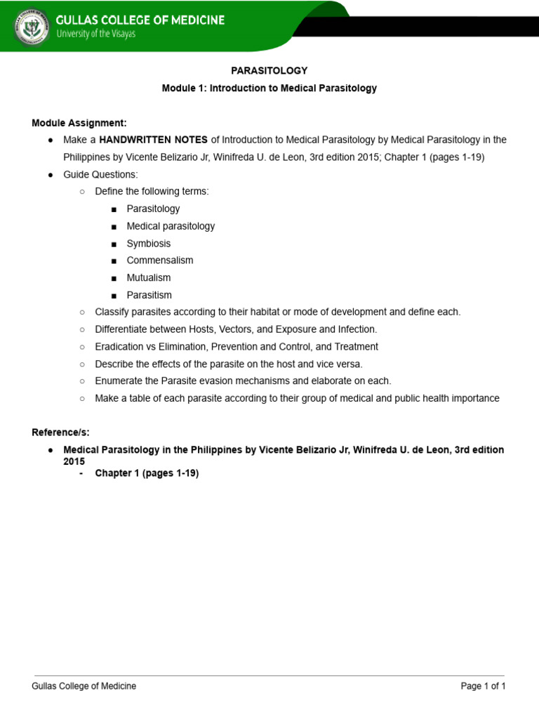 Parasitology Module 1 - Assignment | PDF
