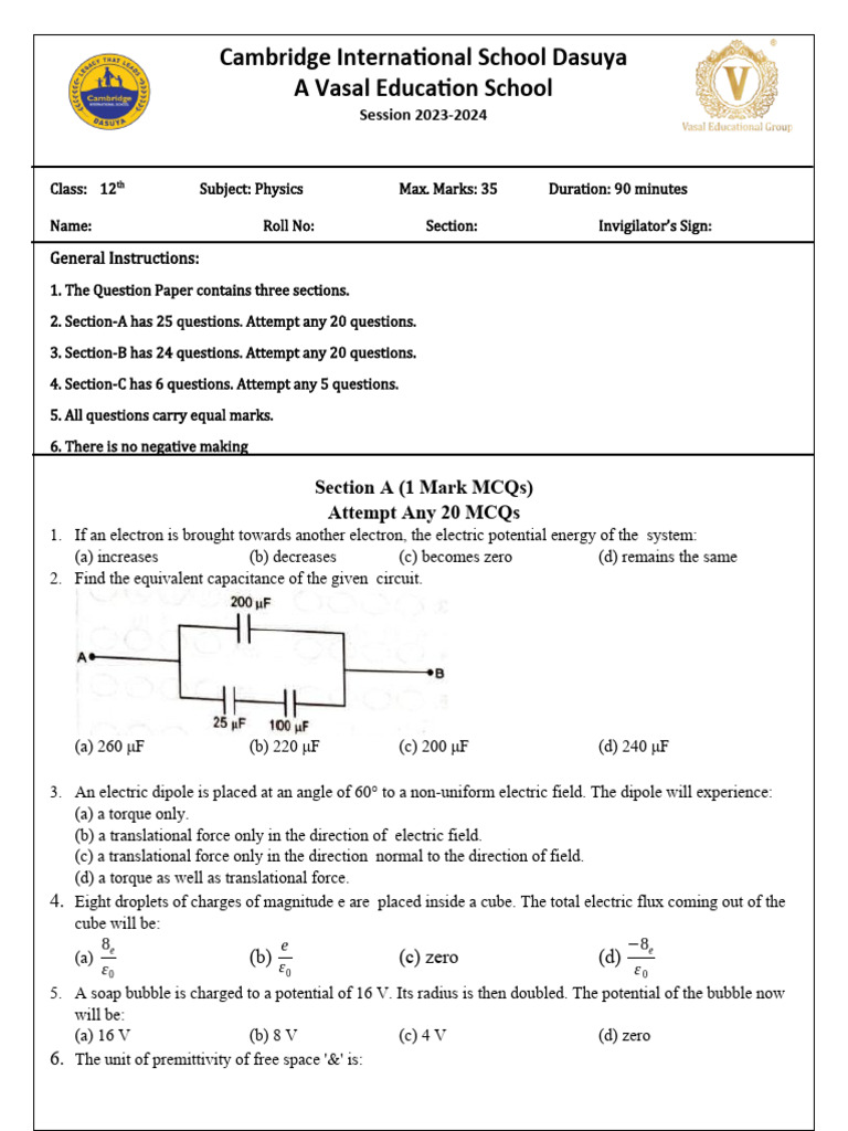 Physics Exam for 12th Grade Students | PDF | Electrical Resistivity And Conductivity | Electron