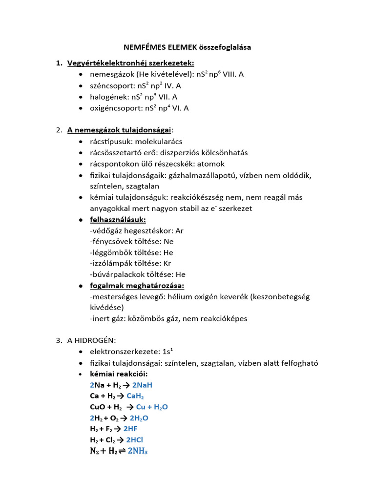 NEMFÉMES ELEMEK Összefoglalása | PDF