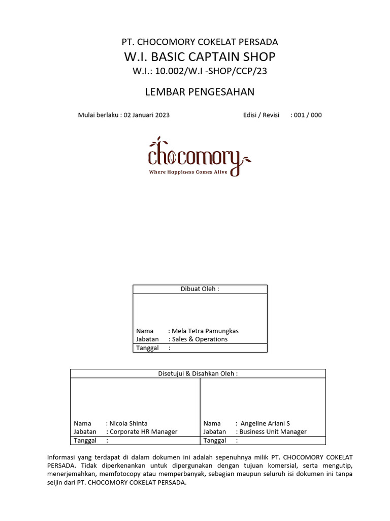 Panduan Operasional Captain Shop Chocomory | PDF