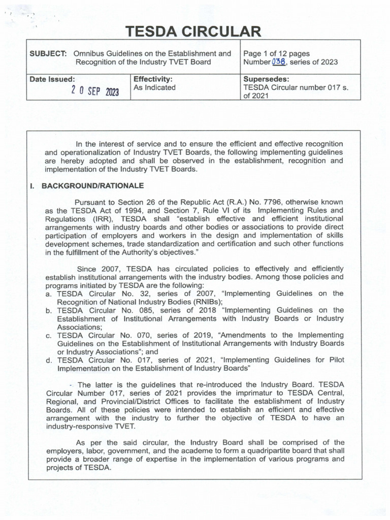 TESDA Circular 038: Industry TVET Guidelines | PDF | Vocational ...