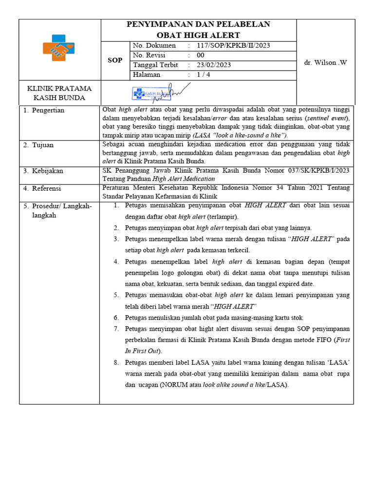 Sop Penyimpanan Dan Pelabelan Obat High Alert Pdf