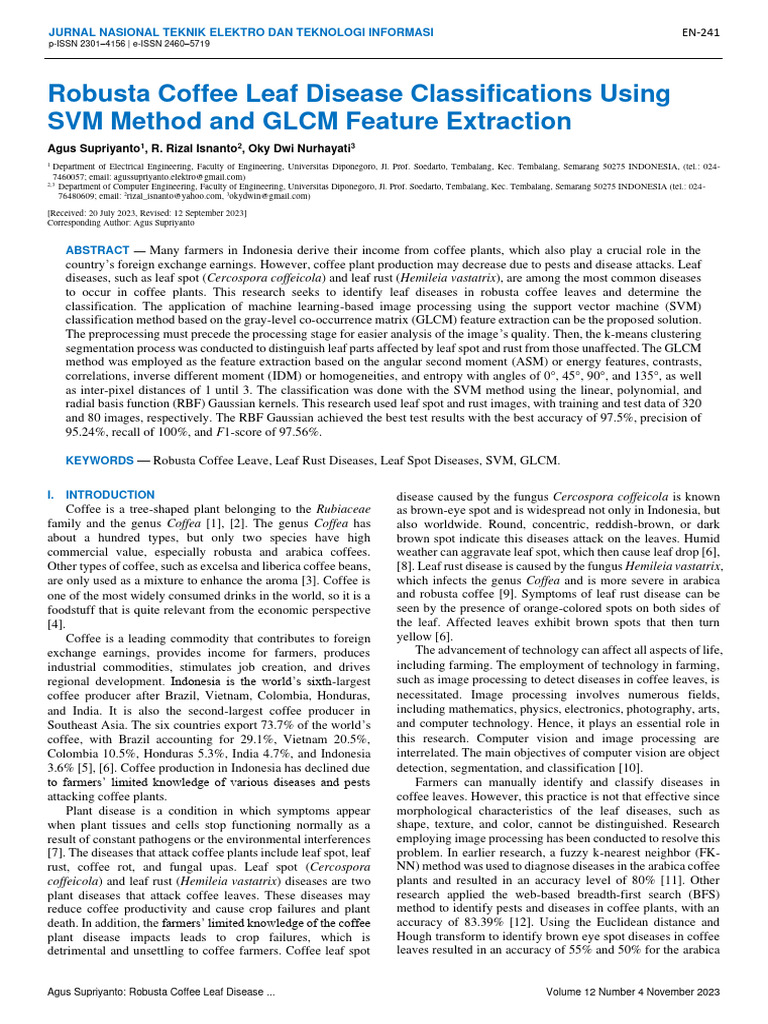 Robusta Coffee Leaf Disease Classifications Using SVM Method and GLCM ...