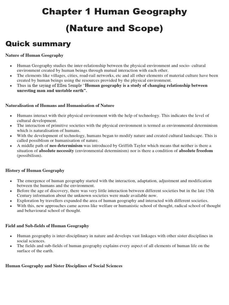 Chapter 1 Human Geography - Nature and Scope | PDF