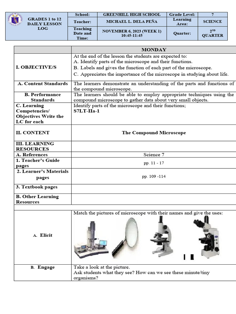 GRADES 1 To 12 Daily Lesson LOG School: Grade Level: Teacher: Learning ...