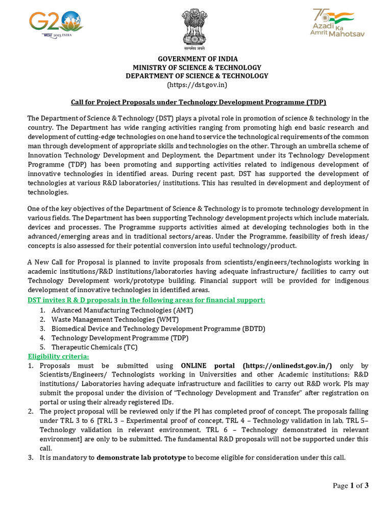 DST TDP Call for Project Proposals 2025 | PDF | Science | Laboratories