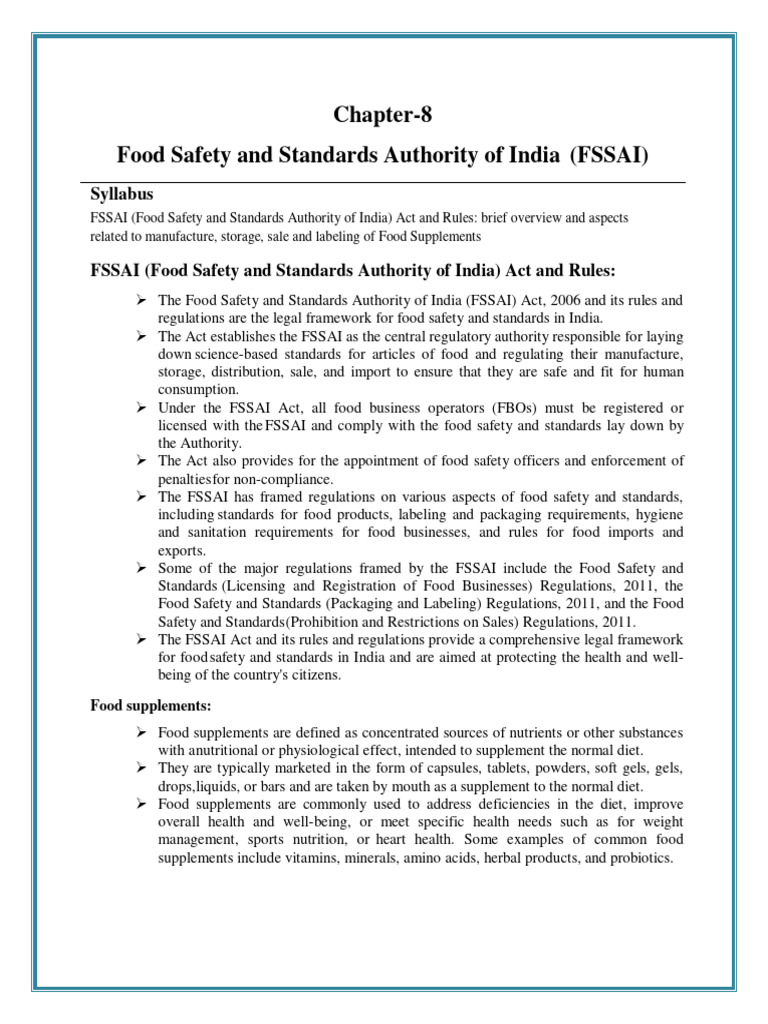 Chapter Food Safety and Standards Authority of India FSSAI | PDF ...