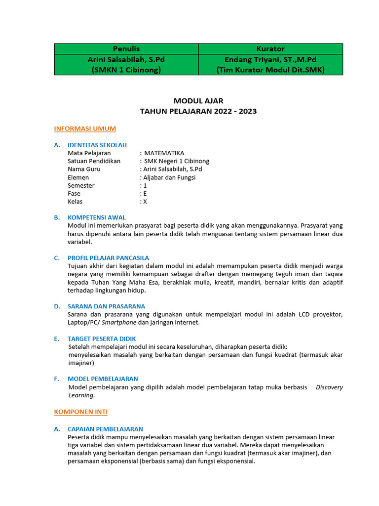 Modul Ajar Matematika - Persamaan Dan Fungsi Kuadrat - Fase E | PDF