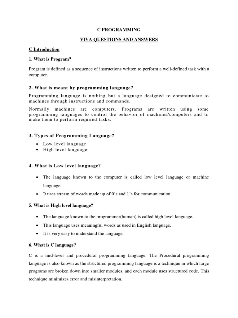 C Programming Viva Q&a | PDF | Pointer (Computer Programming) | Control Flow