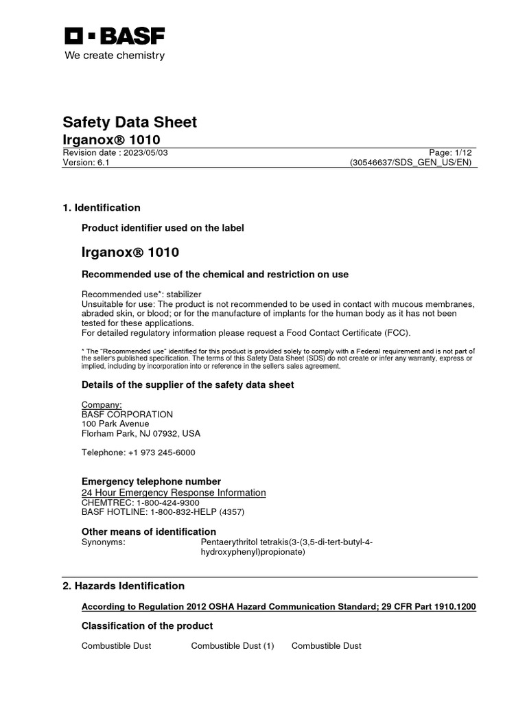 Irganox® 1010 Sds en Us | PDF