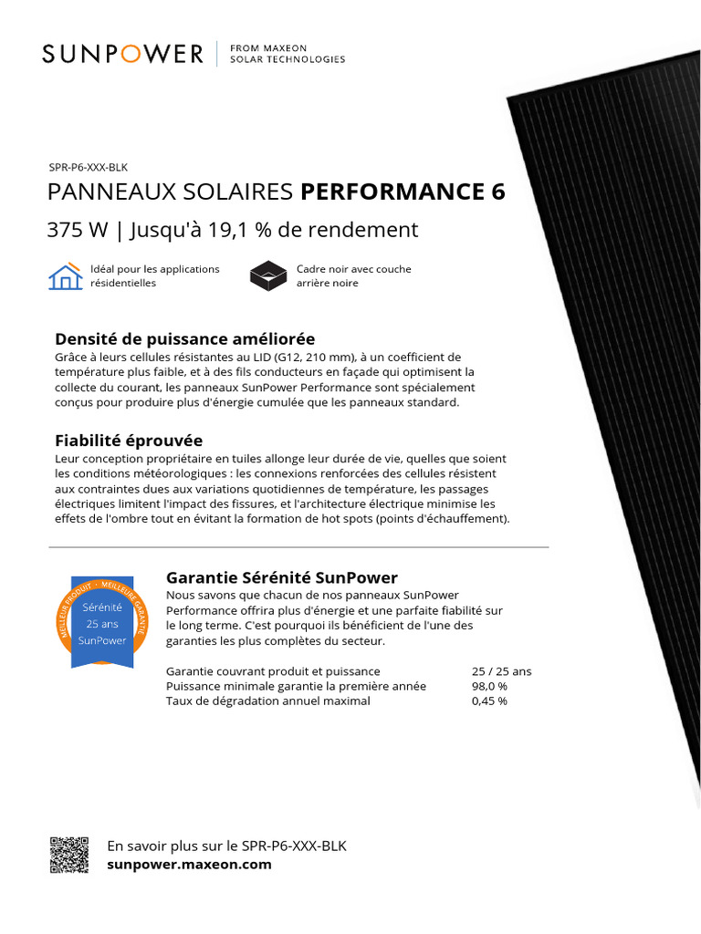 Fiche Technique Performance 6 BLK 375 W Sunpower | PDF