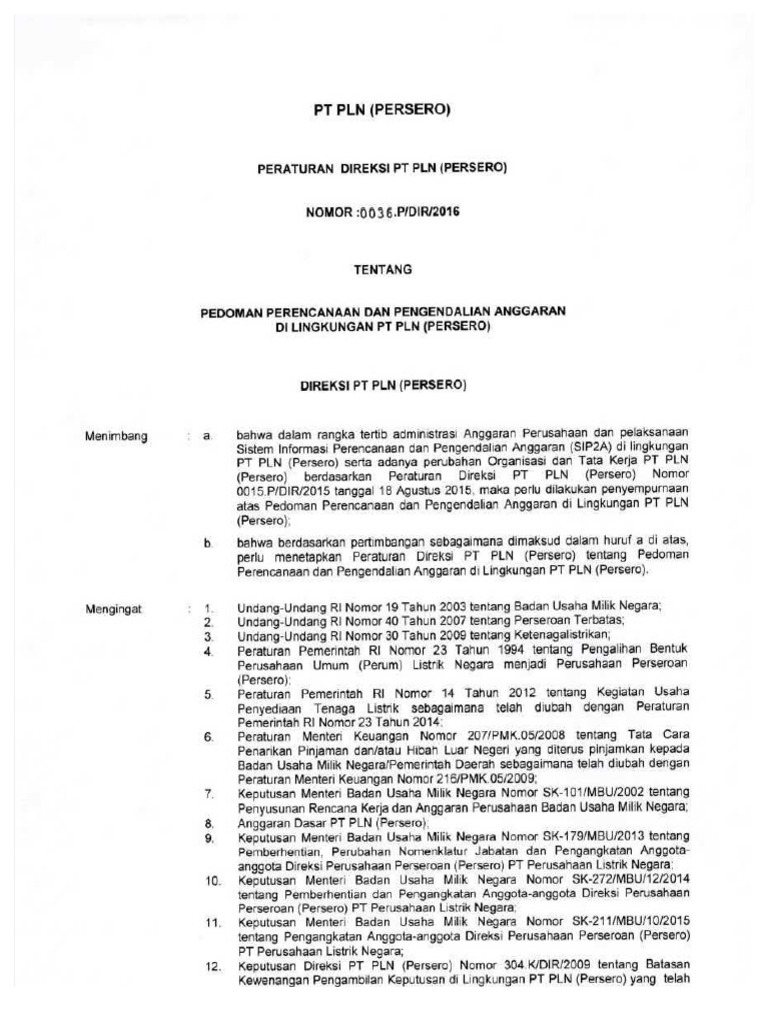 Perdir No 0036-Pedoman-Perencanaan-Dan-Pengendalian-Anggaran-Di-Lingkungan-Pt-Pln-Persero | PDF ...