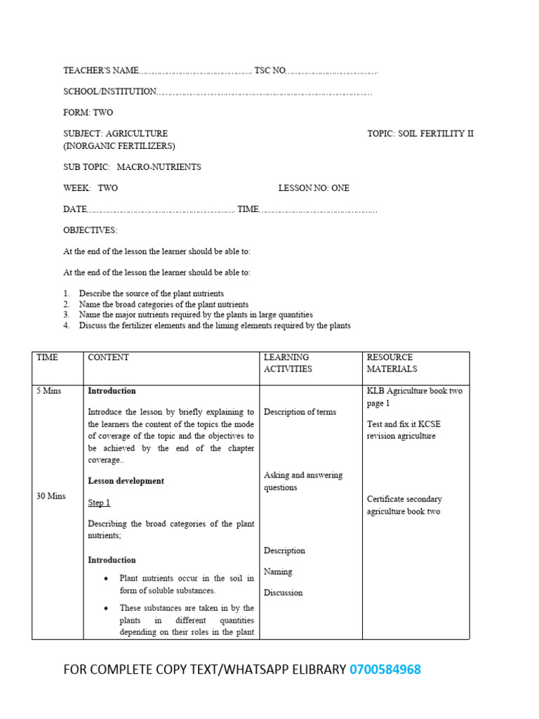 Agriculture Lesson Plans Form 1-4 | PDF