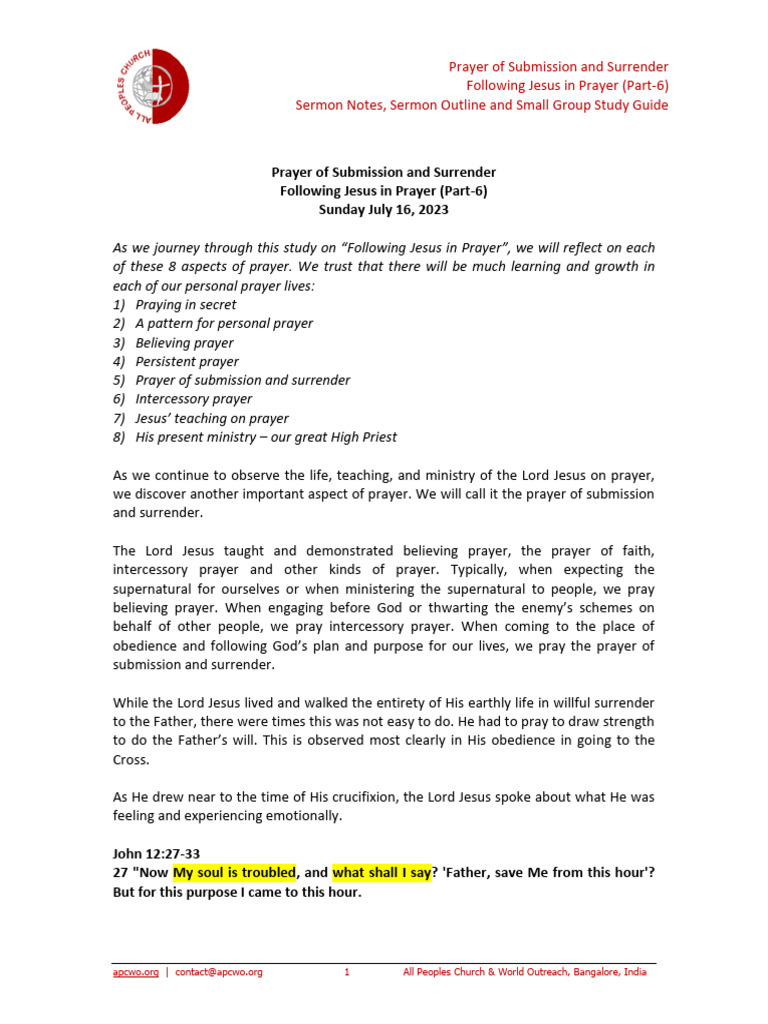 Prayer of Submission and Surrender Following Jesus in Prayer Part 6 Ps Ashish Raichur | PDF ...