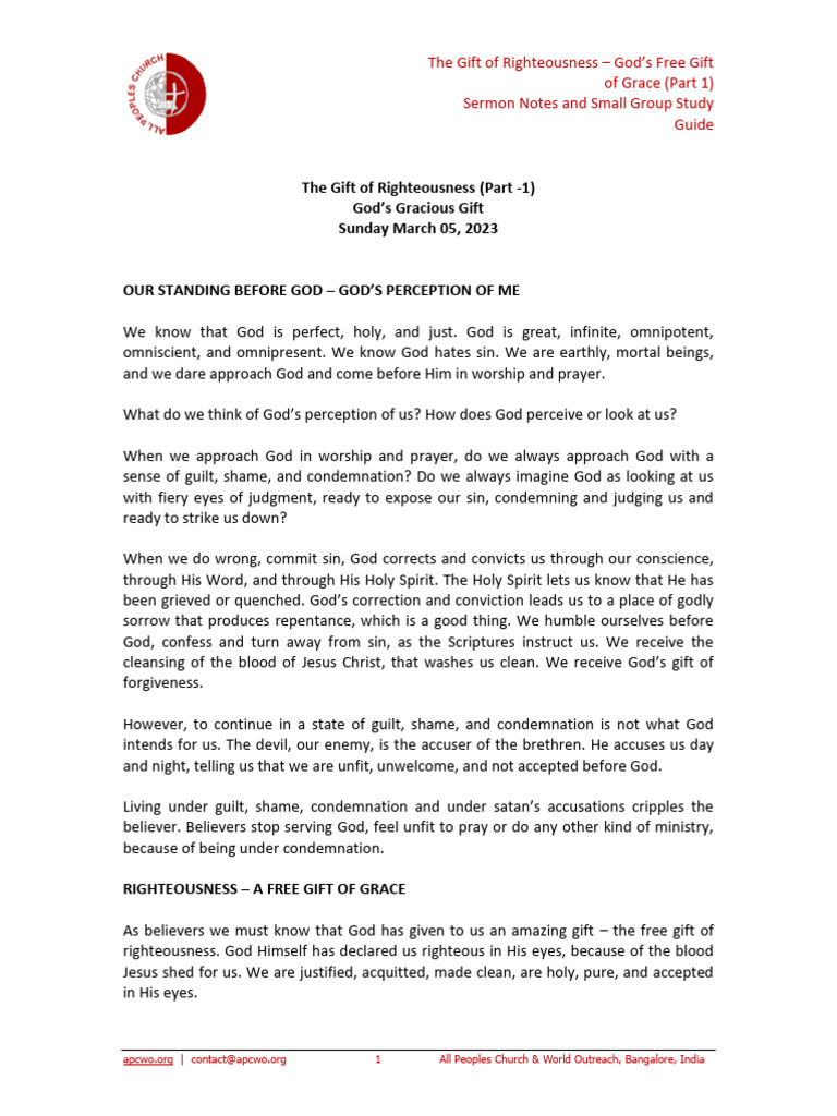 "Righteousness: God's Free Gift" | PDF | Grace In Christianity | Guilt ...