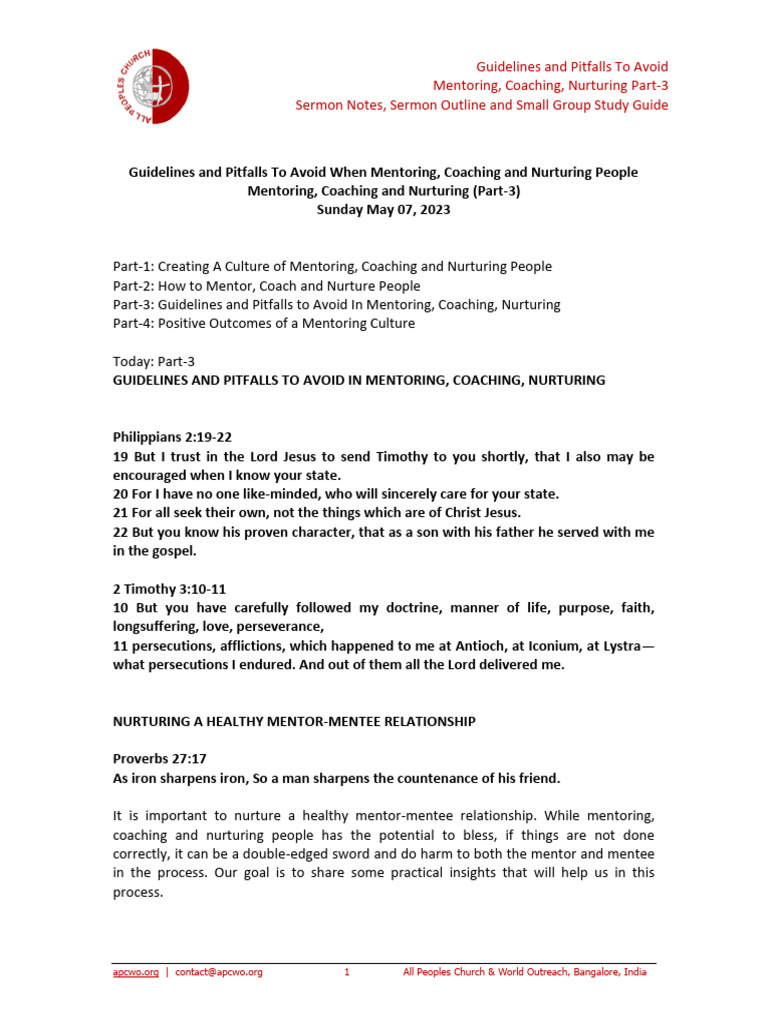 Guidelines and Pitfalls To Avoid Mentoring Coaching Nurturing Part 3 Ps Ashish Raichur | PDF