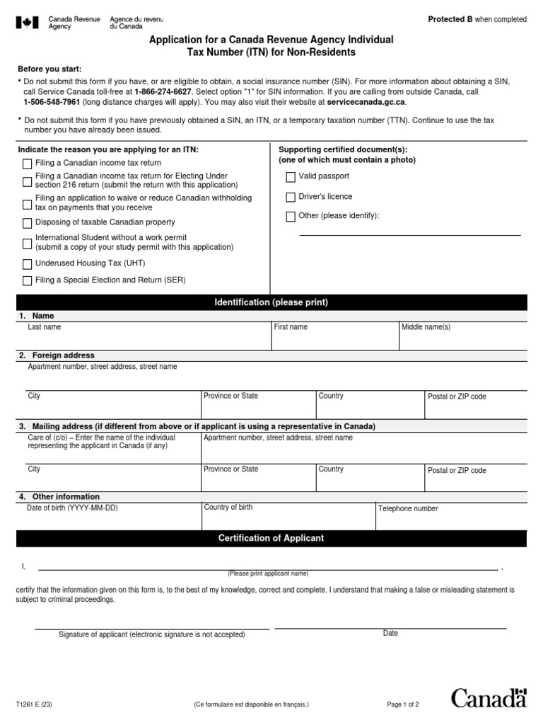 Application For A Canada Revenue Agency Individual Tax Number (ITN) For ...
