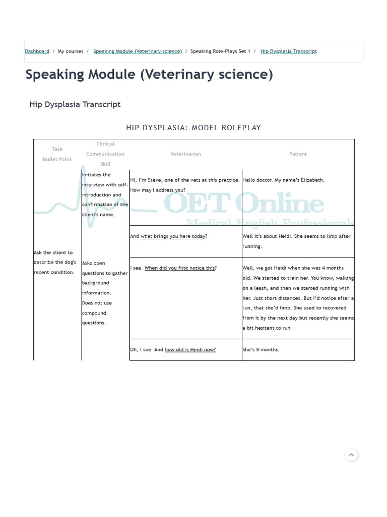 Speaking Module (Veterinary Science) - Hip Dysplasia Transcript1 | PDF